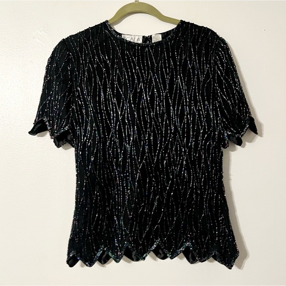 Scala | Tops | Vintage Scala Silk Scallop Black Green Blue Pink Beaded ...